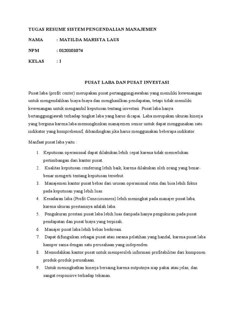 Matilda Marista Laus - Tugas Resume Sistem Pengendalian Manajemen | PDF