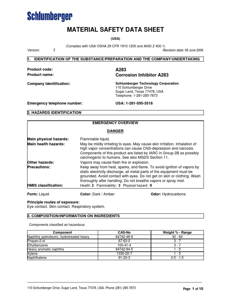 Material Safety Data Sheet: A283 Corrosion Inhibitor A283 | PDF | Firefighting | Water