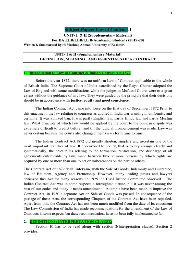 Units-I-II-LLB LAW - OF - CONTRACT 2020 | PDF | Consideration ...