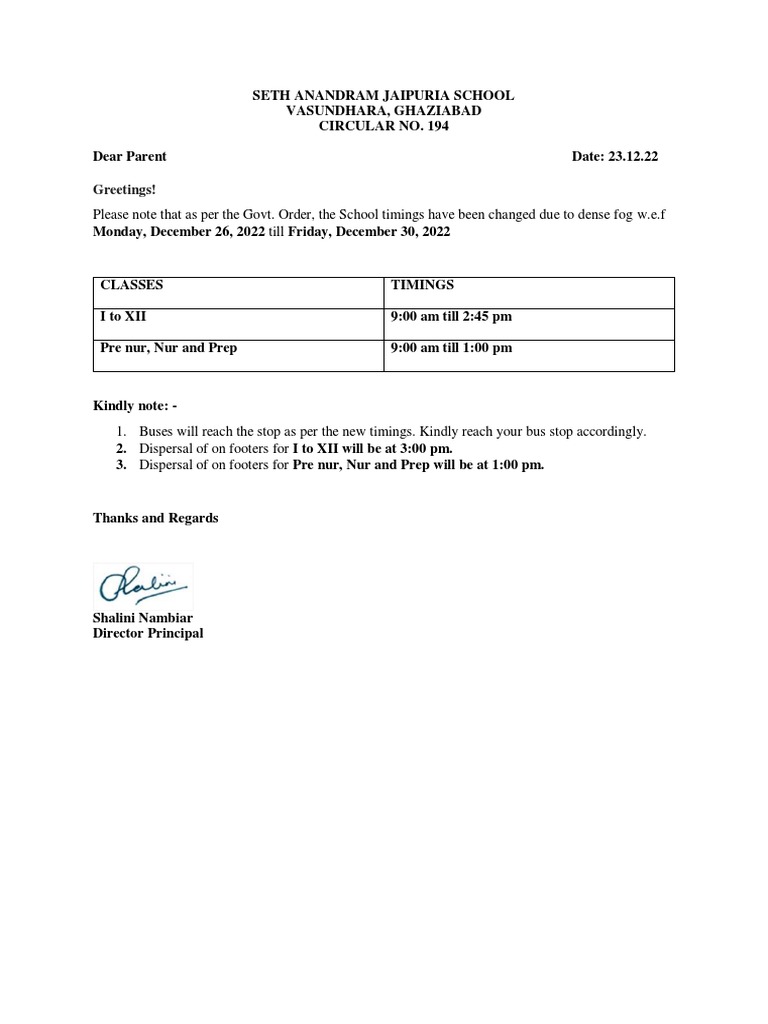 Circular 194, Change Timings During Winter, Pre Nur To XII | PDF