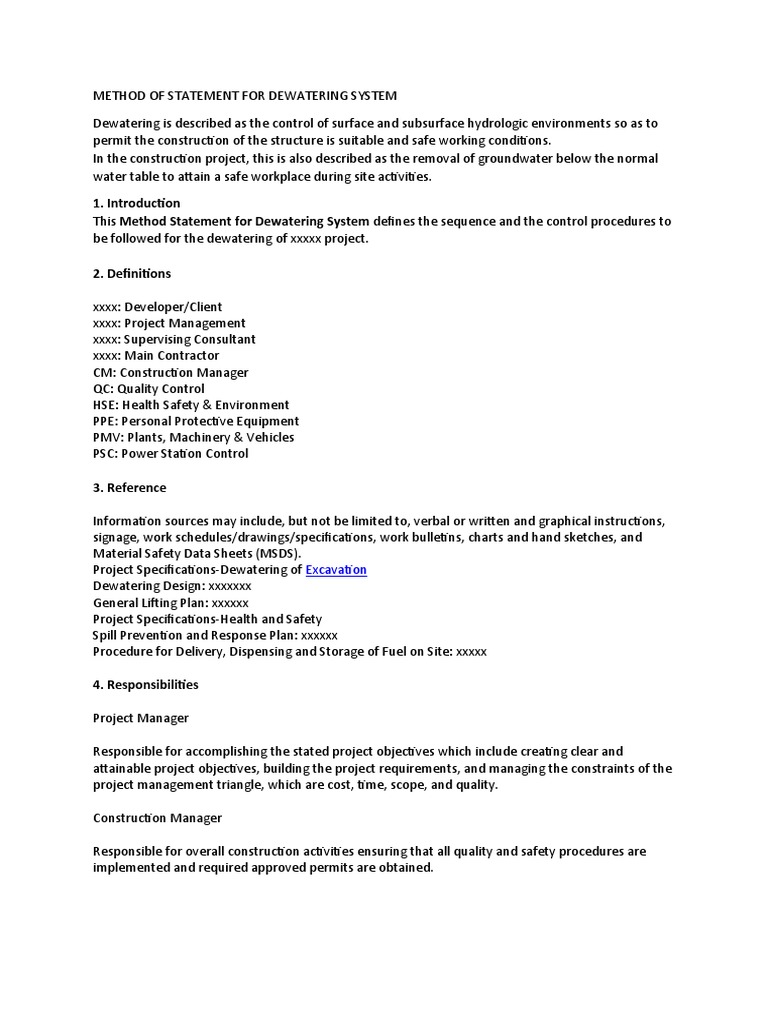Method Of Statement For Dewatering Work Pdf Occupational Safety And