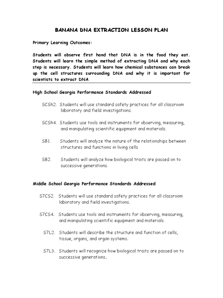 Banana DNA extraction lesson | PDF | Cell (Biology) | Ethanol