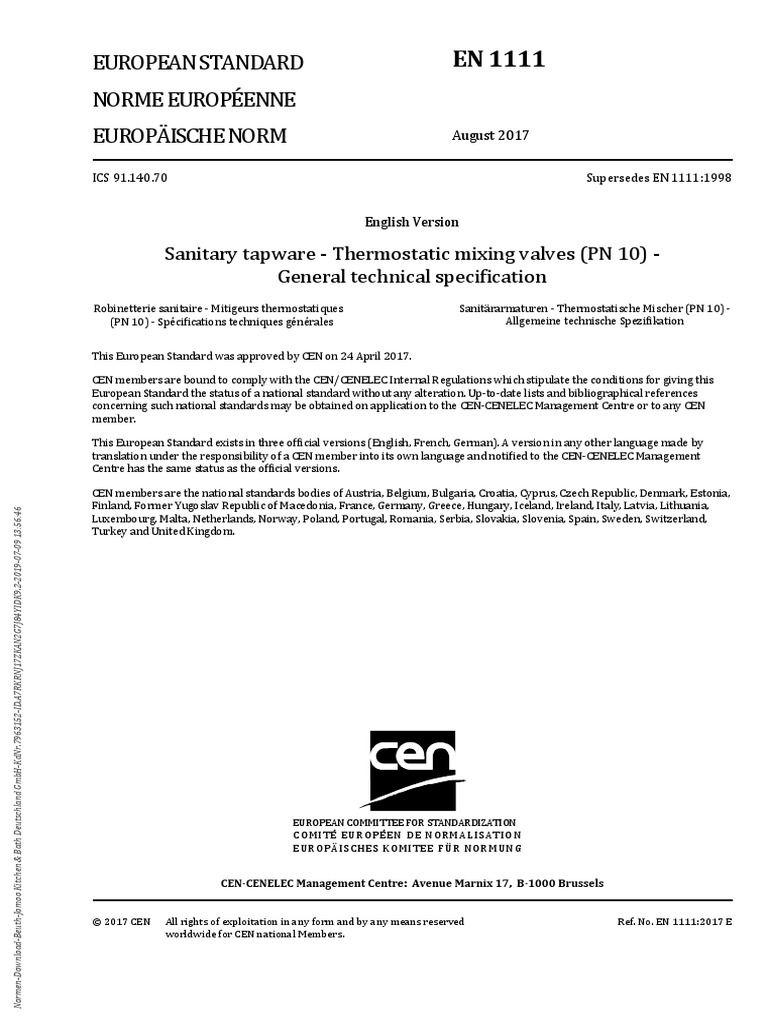 EN 1111-2017 Sanitary Tapware - Thermostatic Mixing Valves (PN 10) - General Technical ...