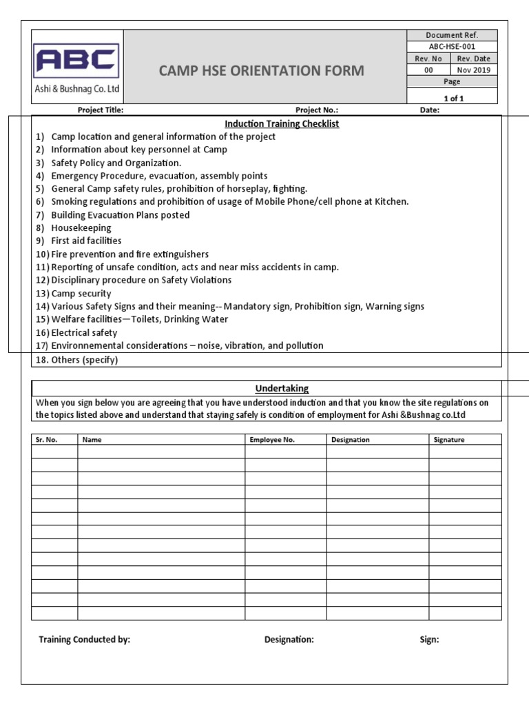 Camp Safety Induction Checklist | PDF