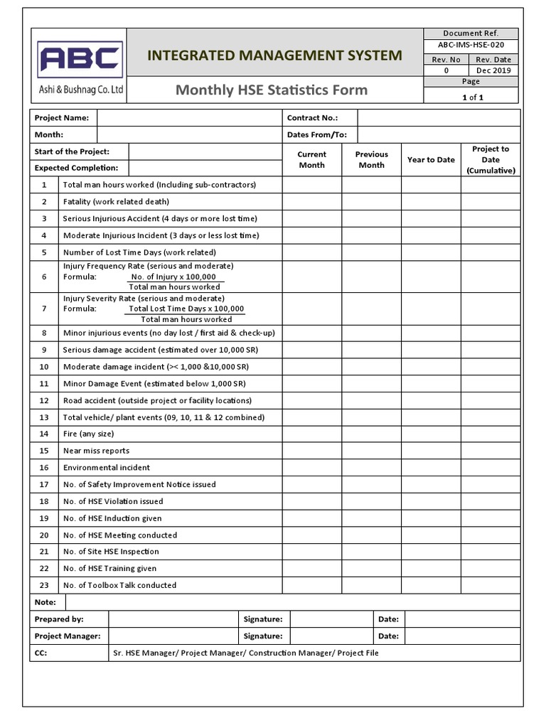 ABC-IMS-HSE-020 Monthly HSE Statistics | PDF | Transport | Occupational ...