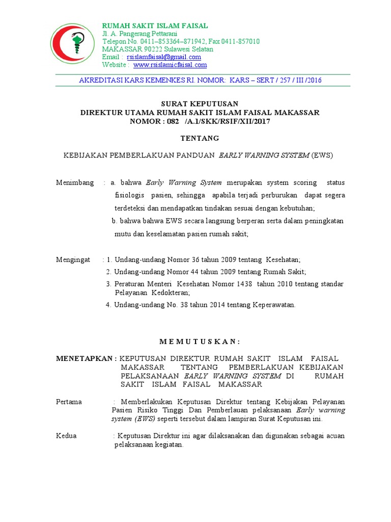 Surat Keputusan Direktur Tentang Pelaksanaan Early Warning System (EWS) FIX | PDF