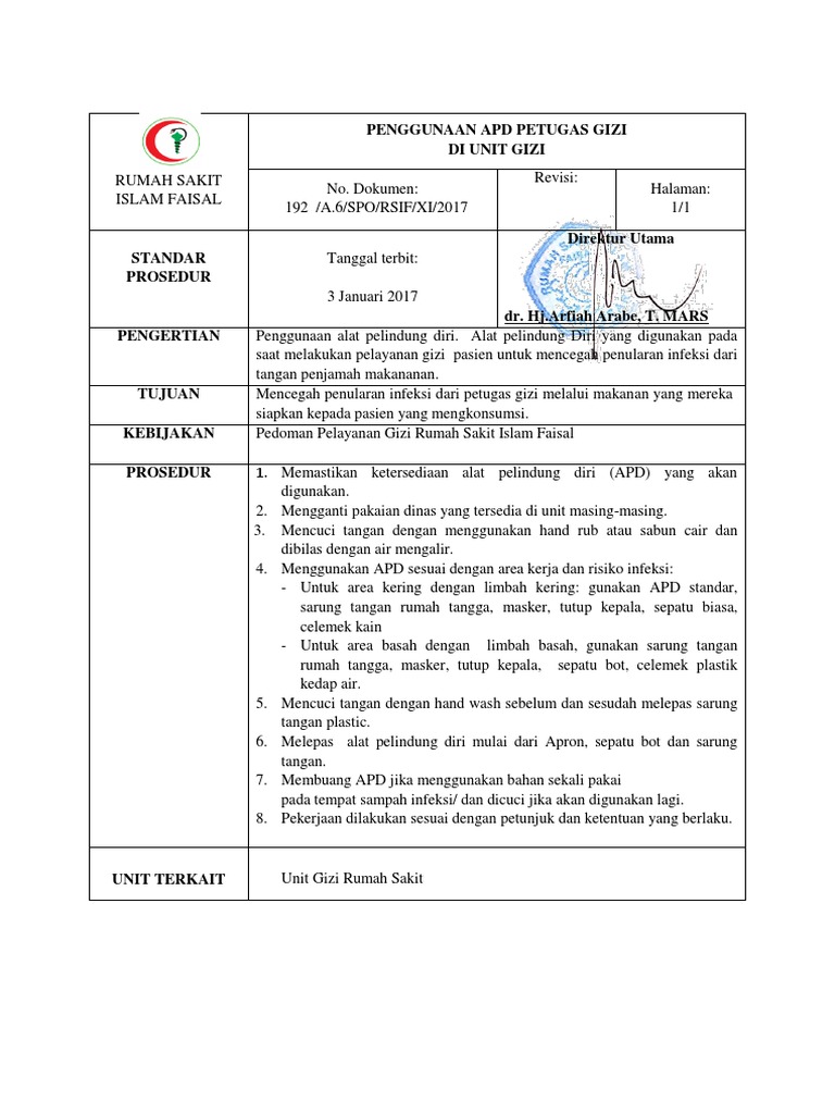 Prosedur Penggunaan APD Petugas Gizi | PDF