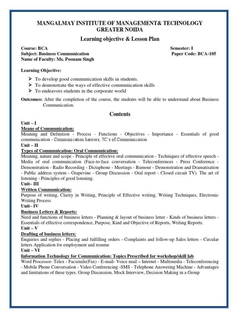 BC Syllabus, Lesson Plan & University Questions | PDF | Communication ...
