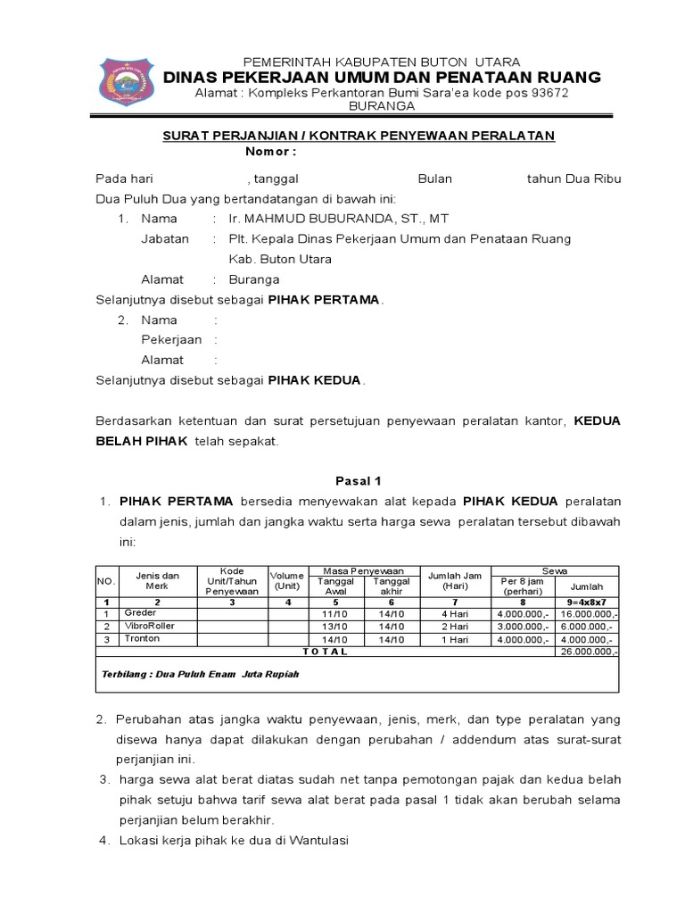 Surat Perjanjian Kontrak Penyewaan Peralatan | PDF