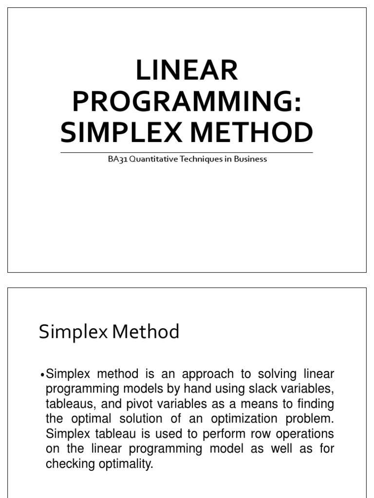 Linear Programming Simplex Method Pdf Linear Programming Mathematical Optimization