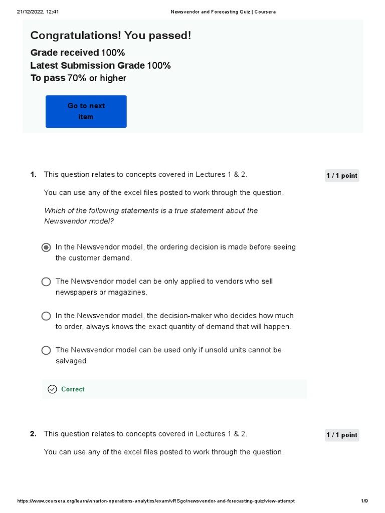 WBS-2-Operations Analytics-W1S6-Quiz-Newsvendor and Forecasting | PDF | Standard Deviation ...
