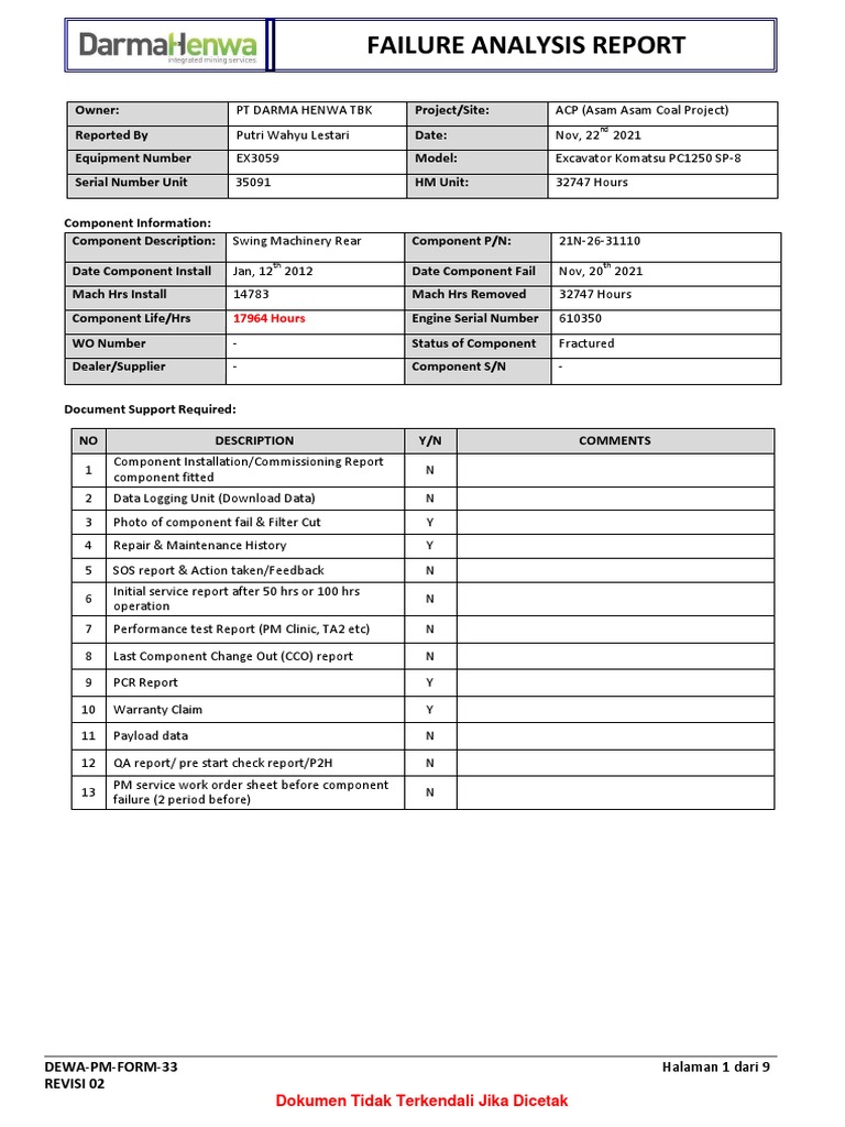 Failure Analysis Report EX3059 - Shaft Swing Machinery Rear Fractured ...