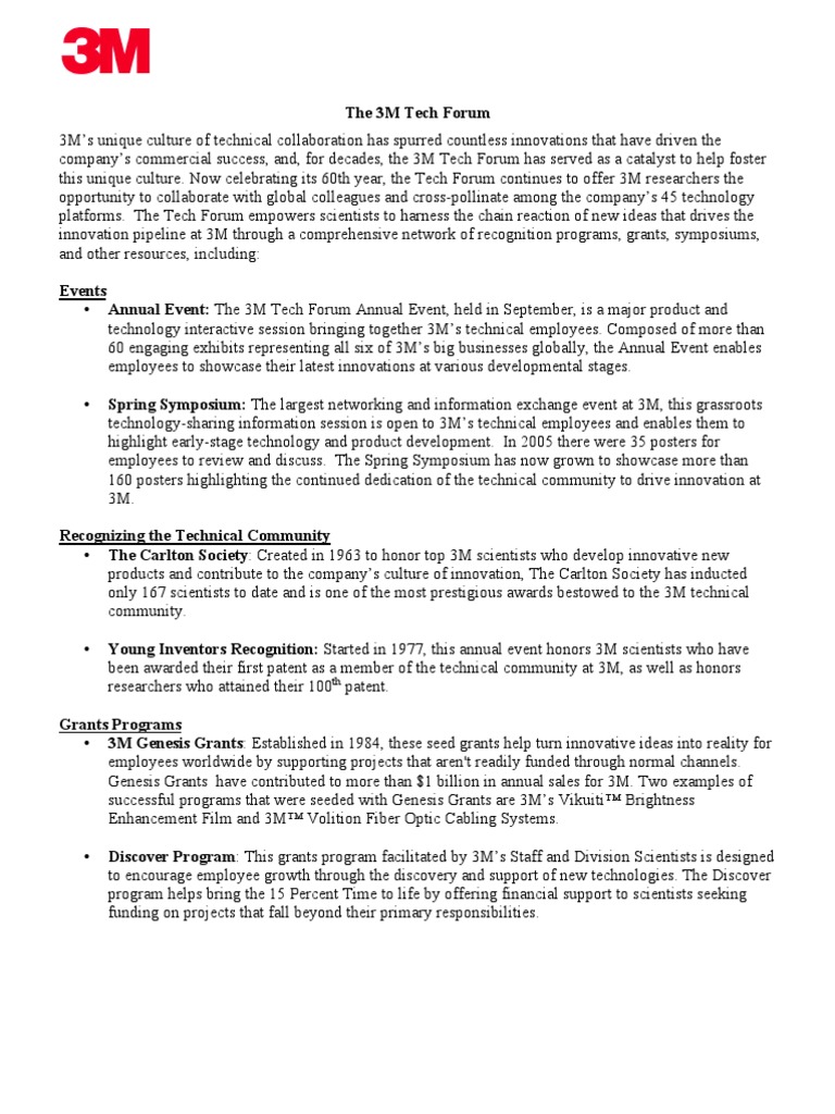 3M Tech Forum - Backgrounder | PDF | Innovation | Scientist