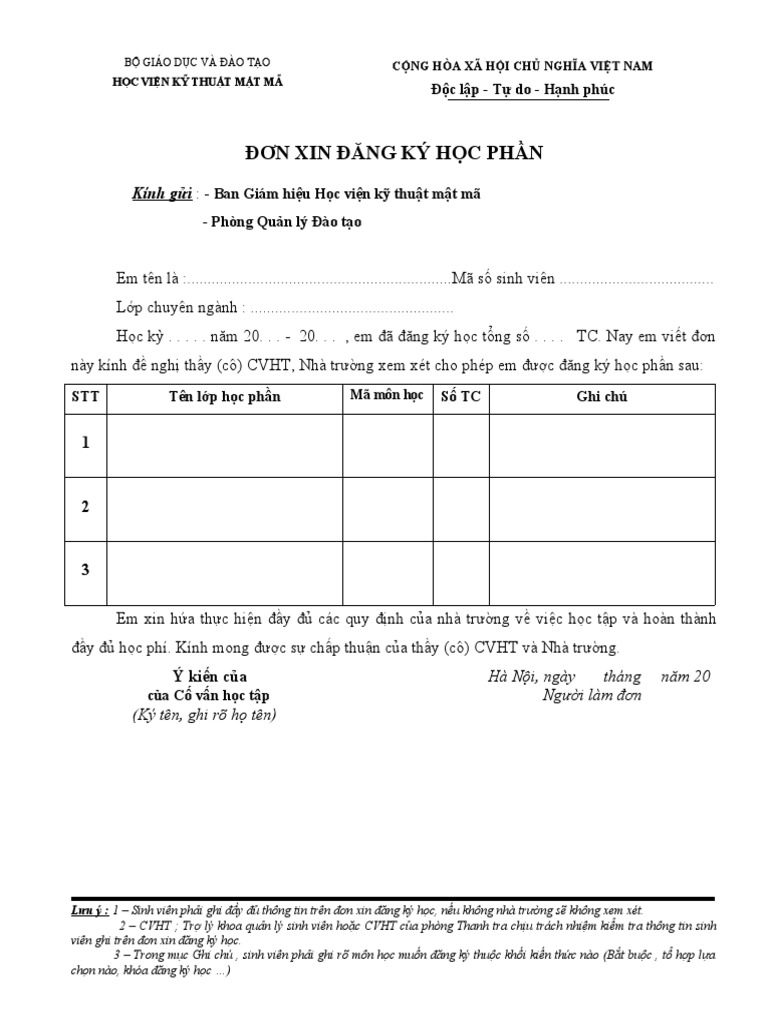 MAU - Don Xin Dang Ky Hoc Phan (Danh Cho Sinh Vien) | PDF