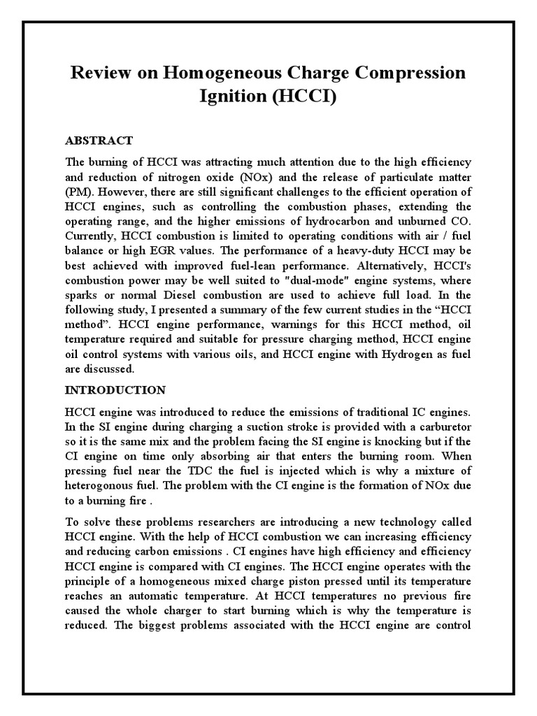 Review On Homogeneous Charge Compression Ignition | PDF | Internal Combustion Engine | Diesel Engine