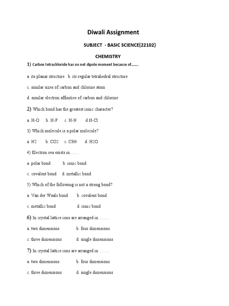 Diwali Assignment BASIC SCIENCE 2022-23 | PDF | Chemical Bond ...