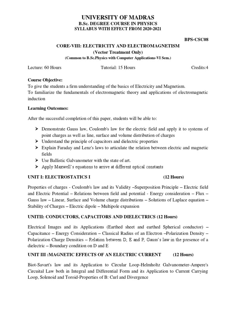 Electricity and Electromagnetism: A Syllabus for the B.Sc. Degree ...