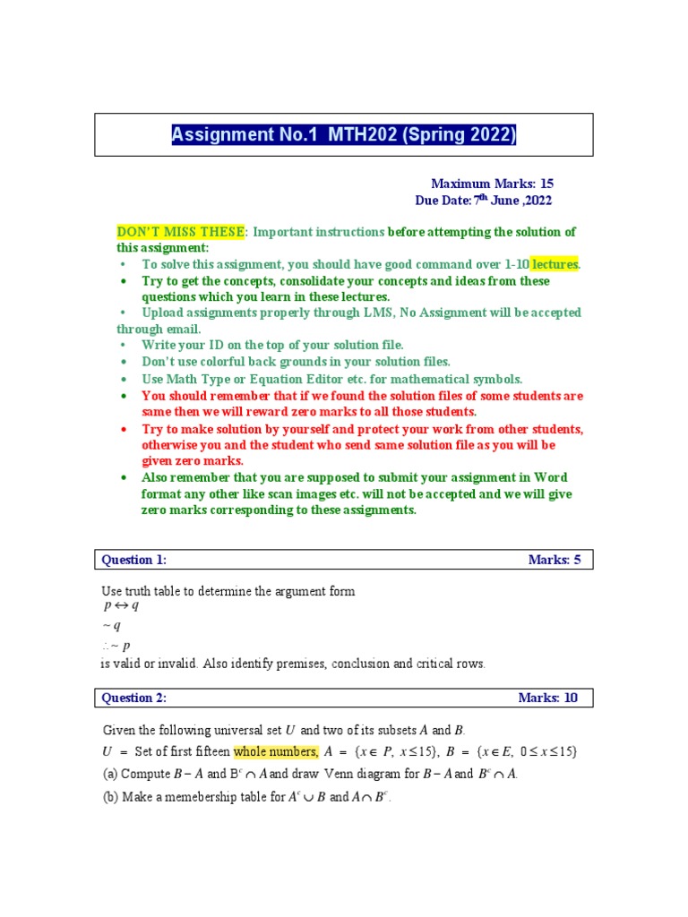 MTH202 (Spring 2022) Assignment 1: Logic and Set Theory | PDF