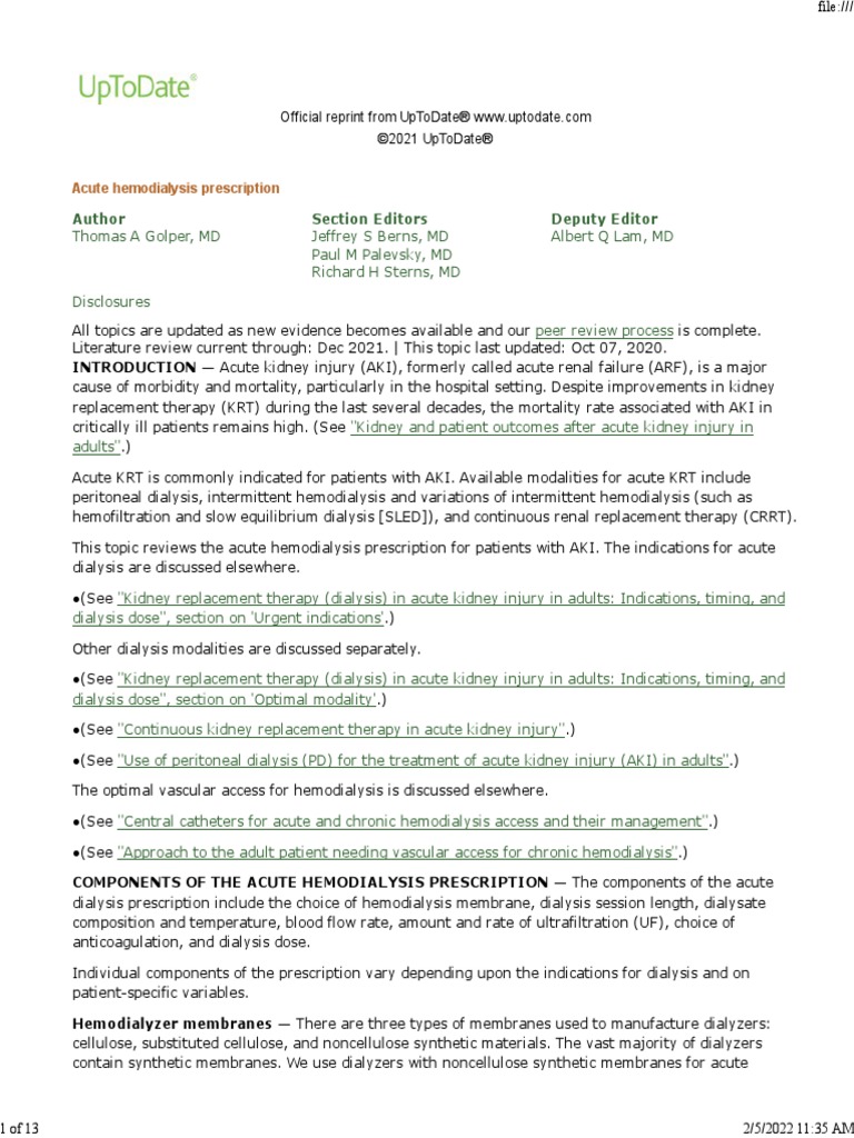 Acute Hemodialysis Prescription | PDF | Hemodialysis | Clinical Medicine