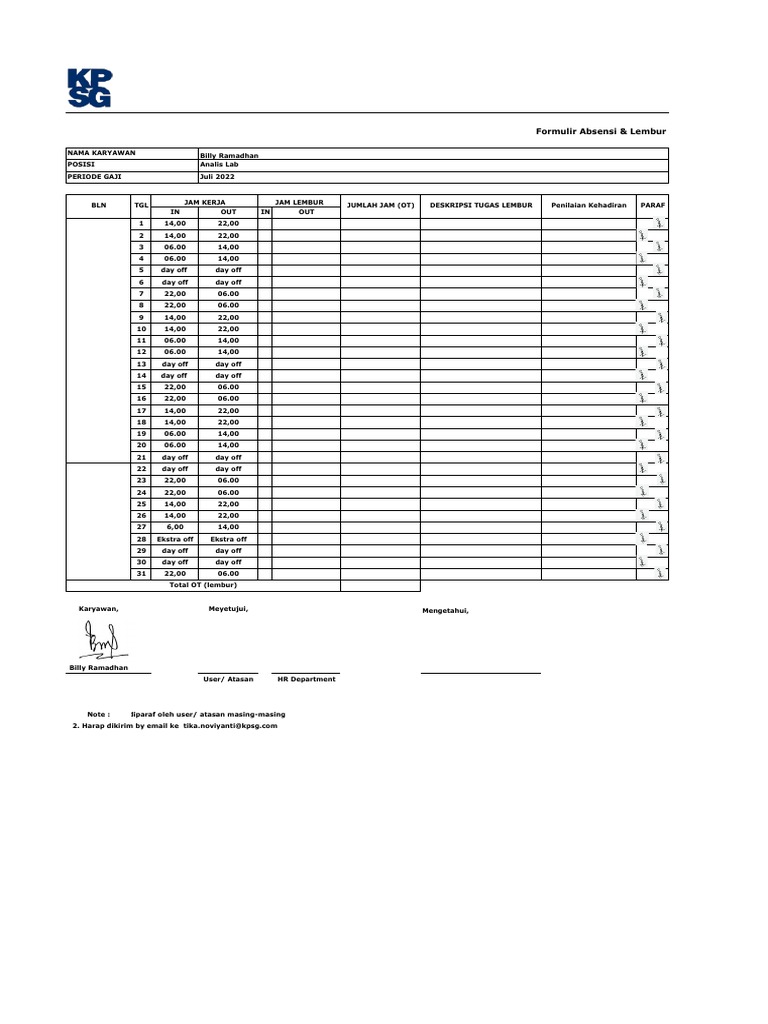 Absensi dan Lembur Karyawan Juli 2022 | PDF