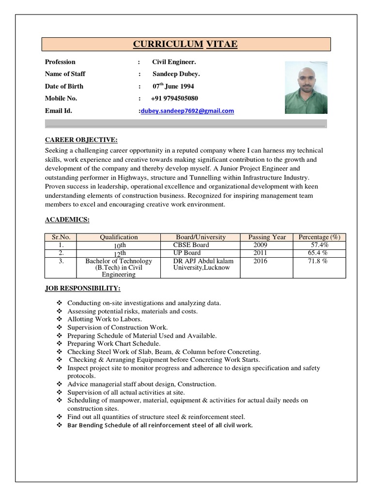 Civil Engineer Resume: Sandeep Dubey | PDF | Engineer | Economic Sectors