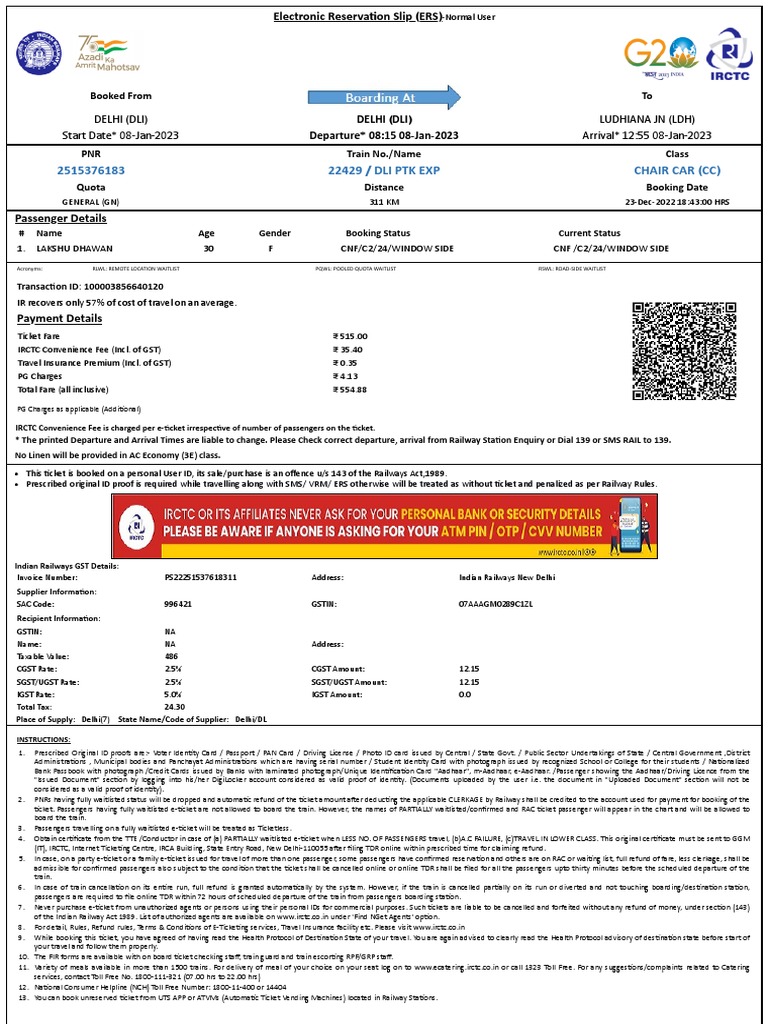 ERS Title for Electronic Reservation Slip | PDF | Identity Document