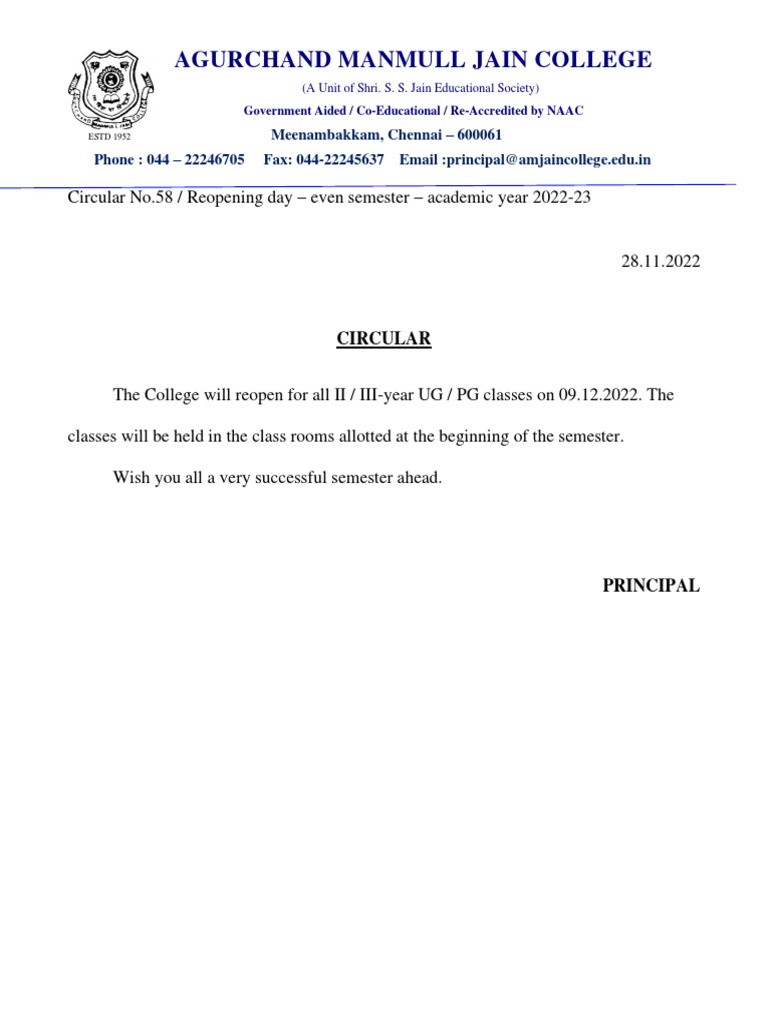 CIRCULAR REOPENING DAY - Dec.2022 | PDF