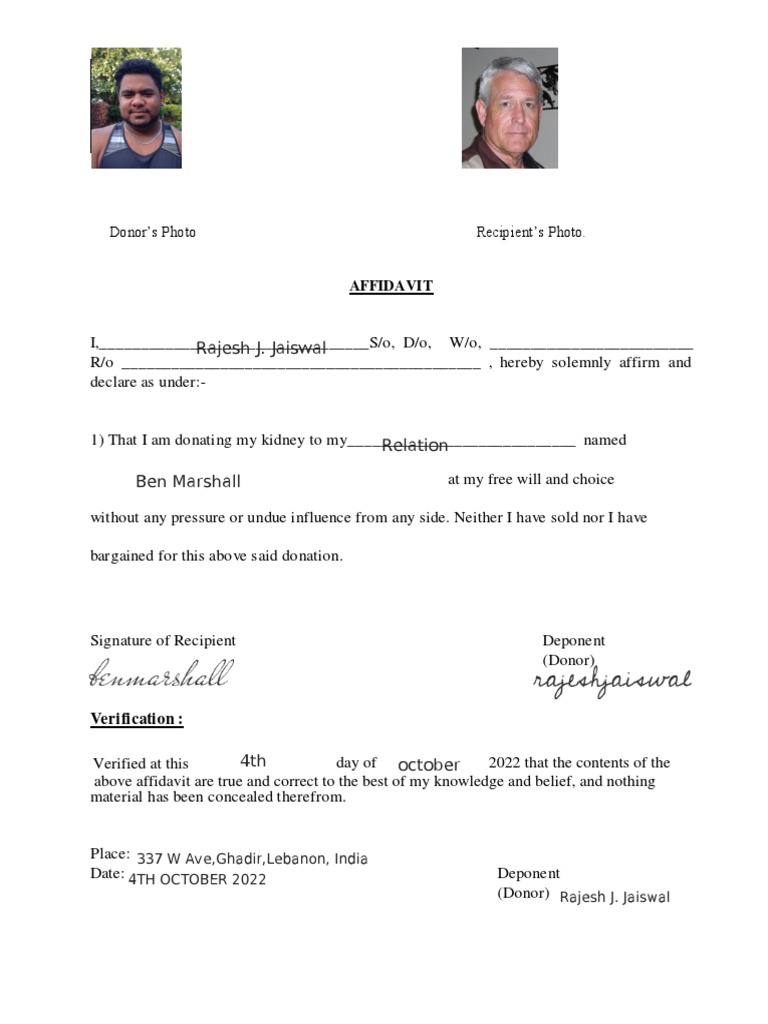Kidney Donation Affidavit and Application | PDF | Organ Donation ...