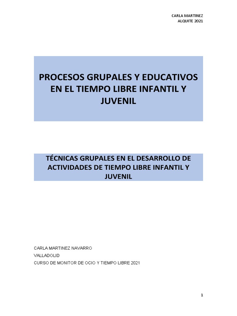 Procesos Grupales y Educativos en El Tiempo Libre Infantil y Juvenil ...
