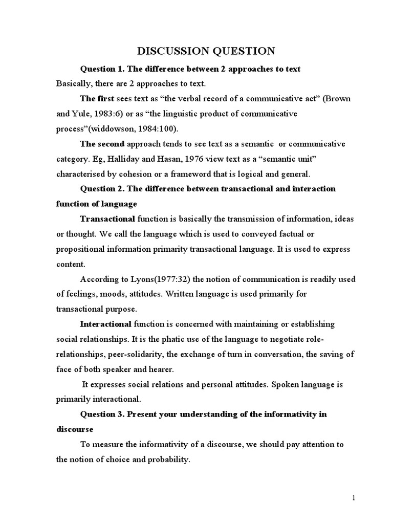 An Analysis of Key Concepts in Discourse Studies: Questions Regarding Texts, Functions of ...
