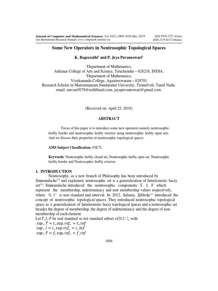 Some New Operators in Neutrosophic Topological Spaces | PDF | Space | Logic
