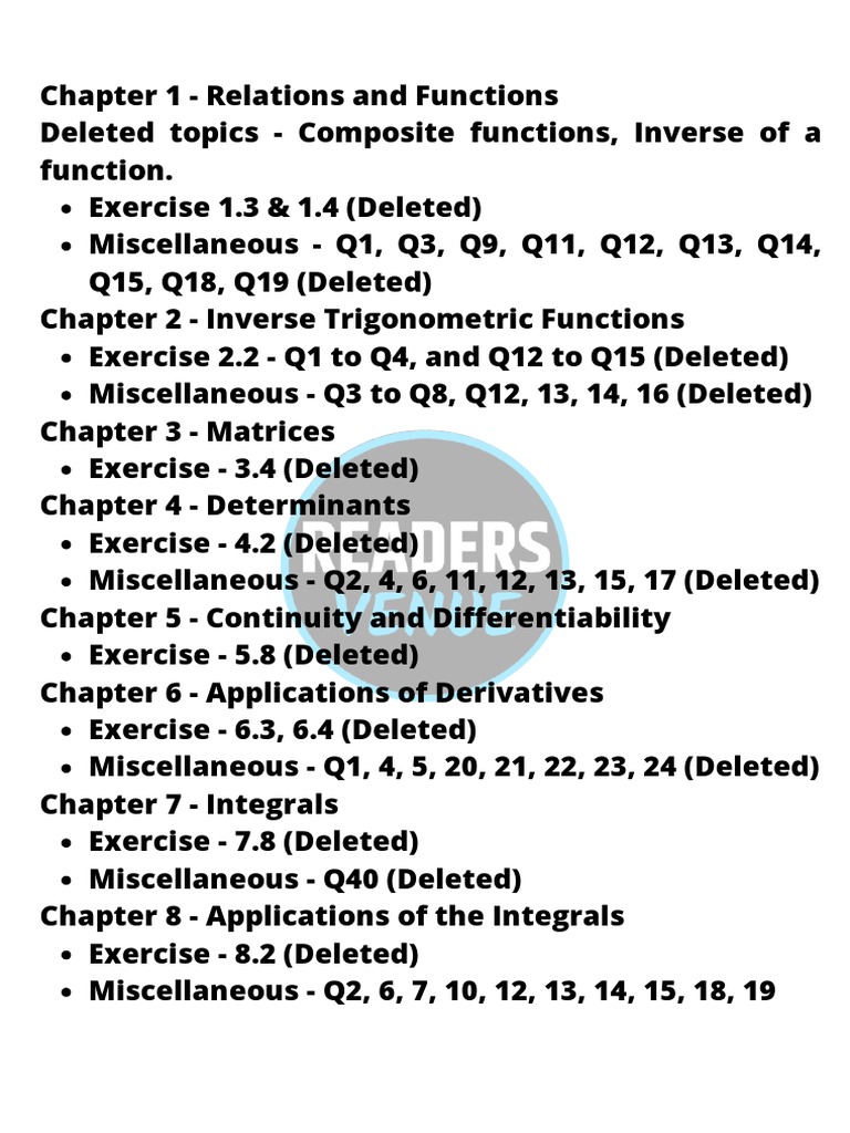 Deleted Portion of Class 12 Maths Exercise Wise PDF | PDF