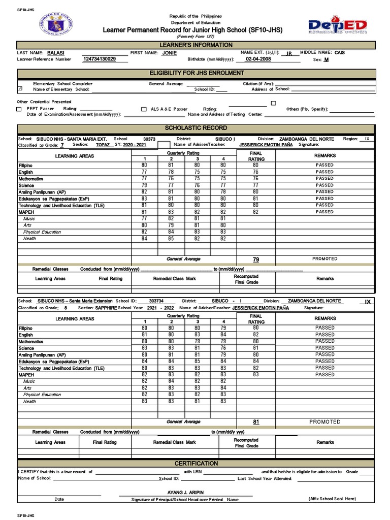 Jonie and Jonil Form 137 | PDF | Middle Schools | Schools