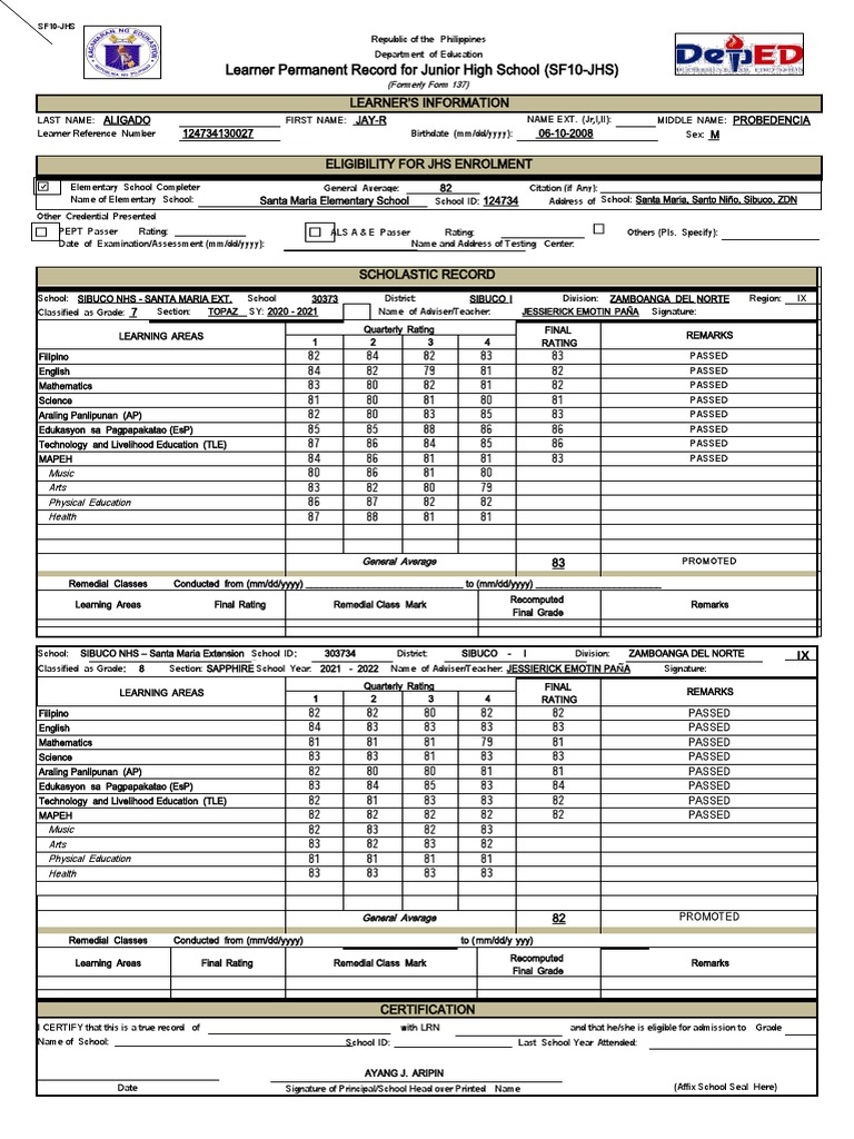 School Form 10 JHS Learners Permanent Record | PDF | Middle Schools ...