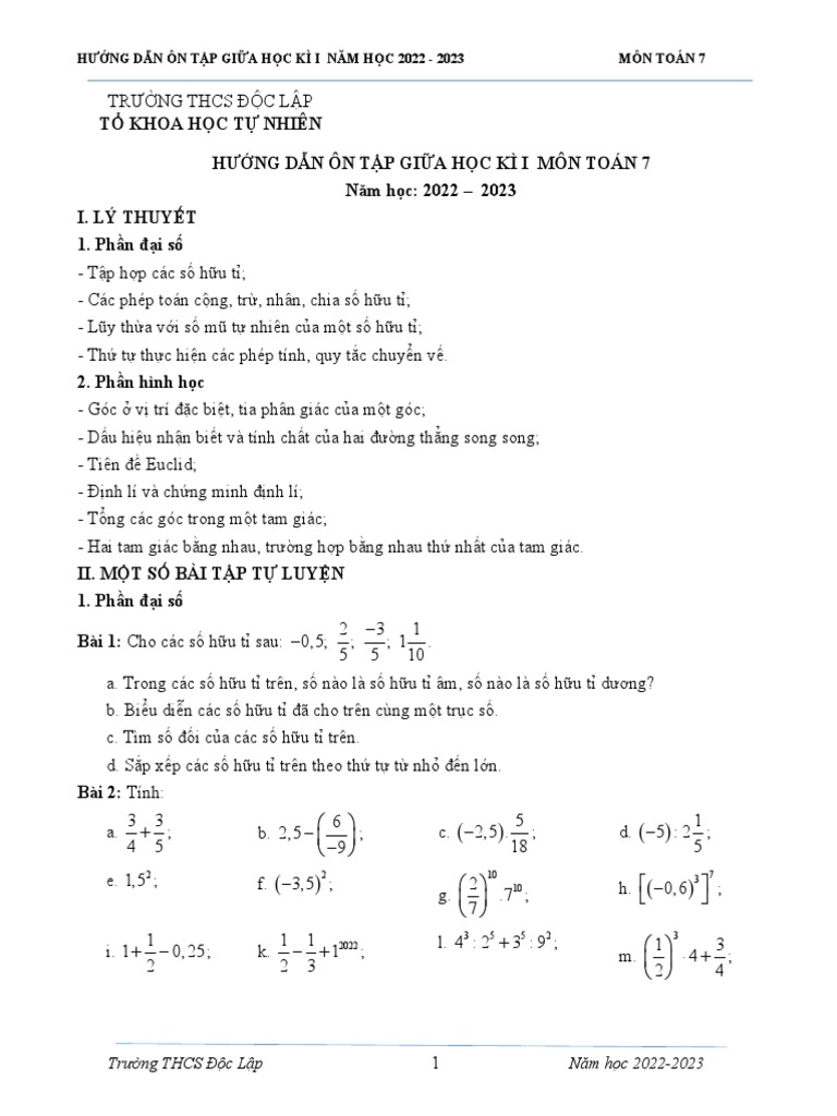 On Tap Giua Hoc Ki 1 Toan 7 Nam 2022 2023 Truong Thcs Doc Lap Thai Nguyen | PDF