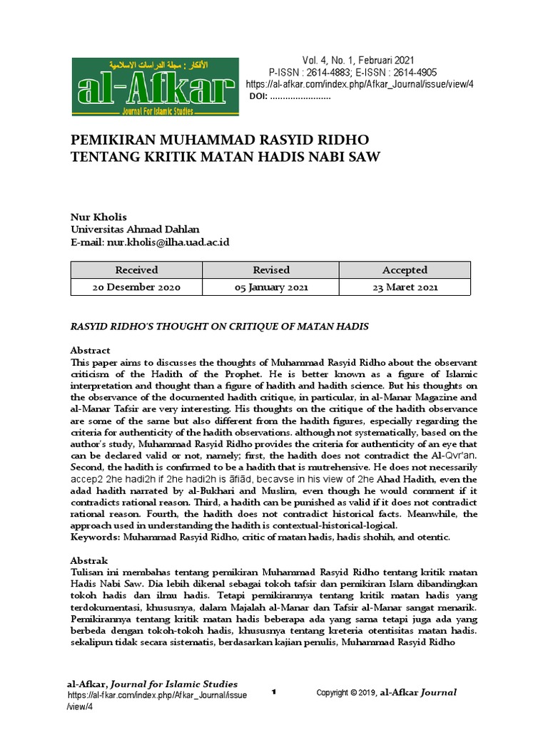 Pemikiran Muhammad Rasyid Ridho Tentang F7c25e26 | PDF | Hadith ...