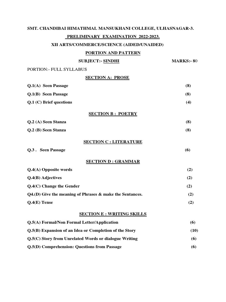 Xii Arts Science Commerce Prelim Exam Paper Pattern | PDF Xii Arts Science Commerce Prelim Exam Paper Pattern | PDF