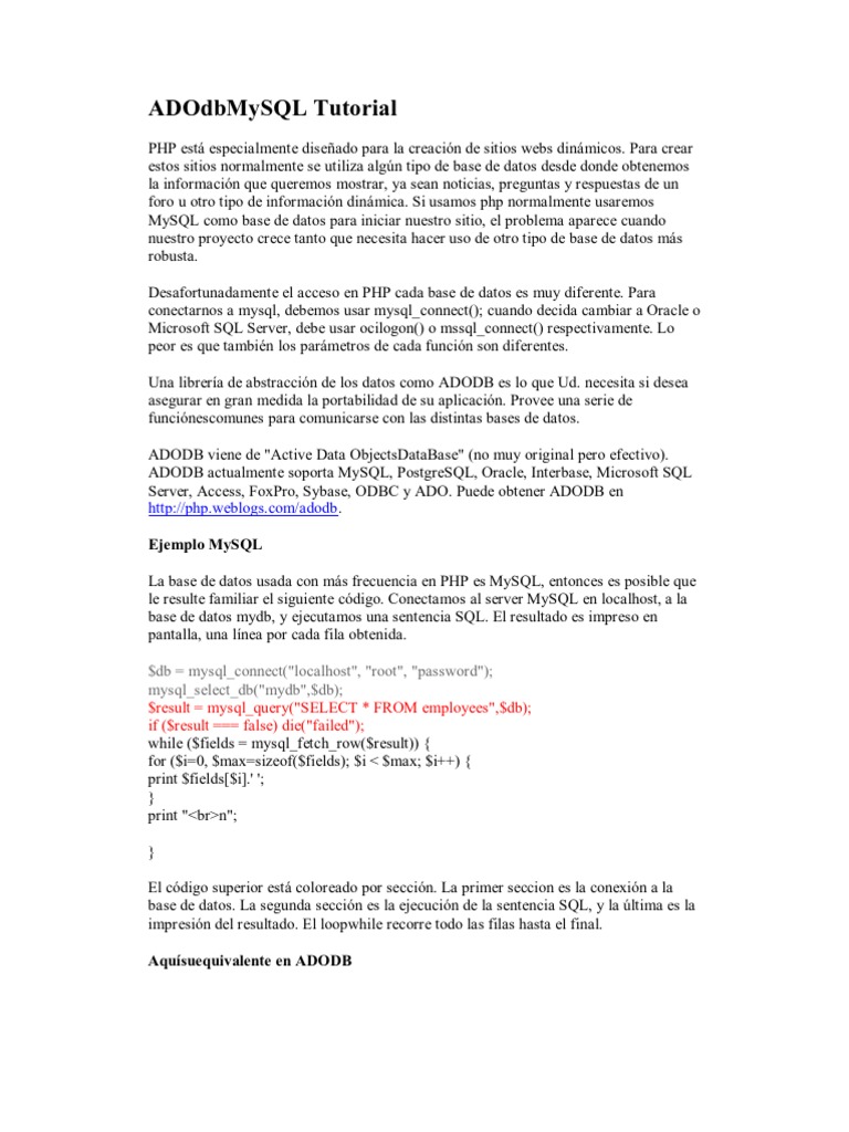 ADOdb MySQL Tutorial | Descargar gratis PDF | SQL | Mi sql