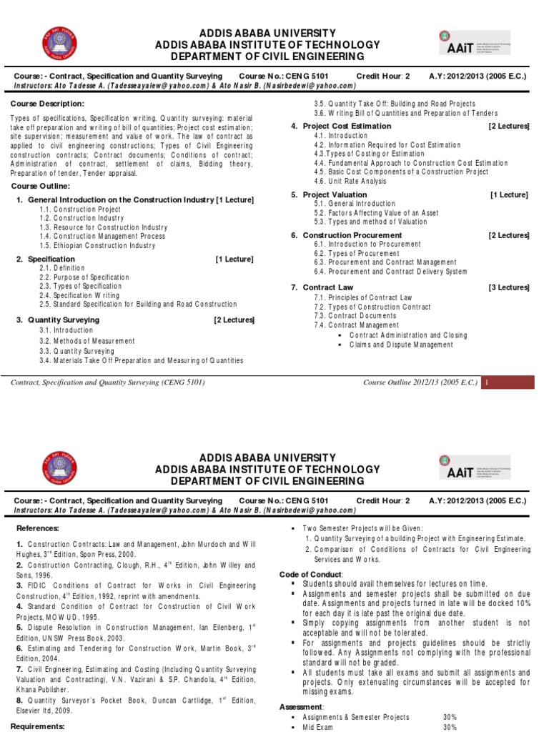 CENG 5101 - Course Outline (2005) | PDF | Procurement | Specification ...