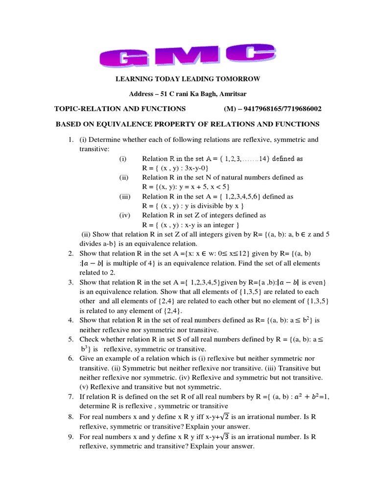 ClASS 12 BOARDS SUBJECTIVE ASSGN. 1 EQUIVALENCE RELATIONS | PDF | Natural Number | Integer