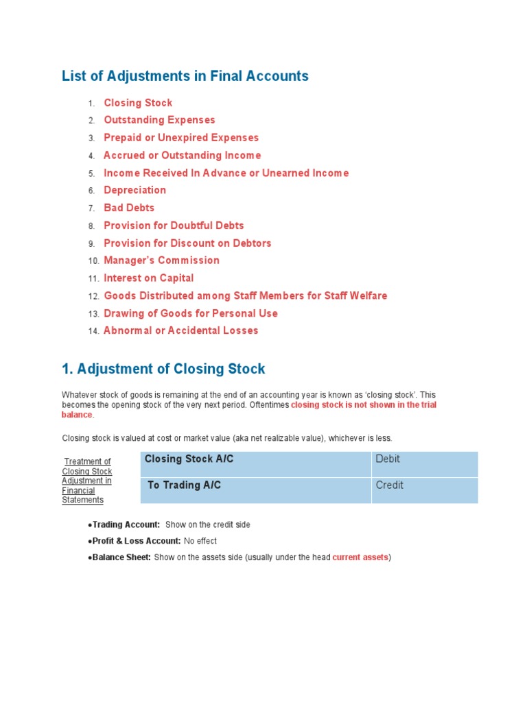 List of Adjustments in Final Accounts | PDF