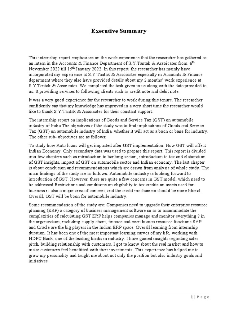 Executive Summary Internship Report on Accounts & Finance Department ...