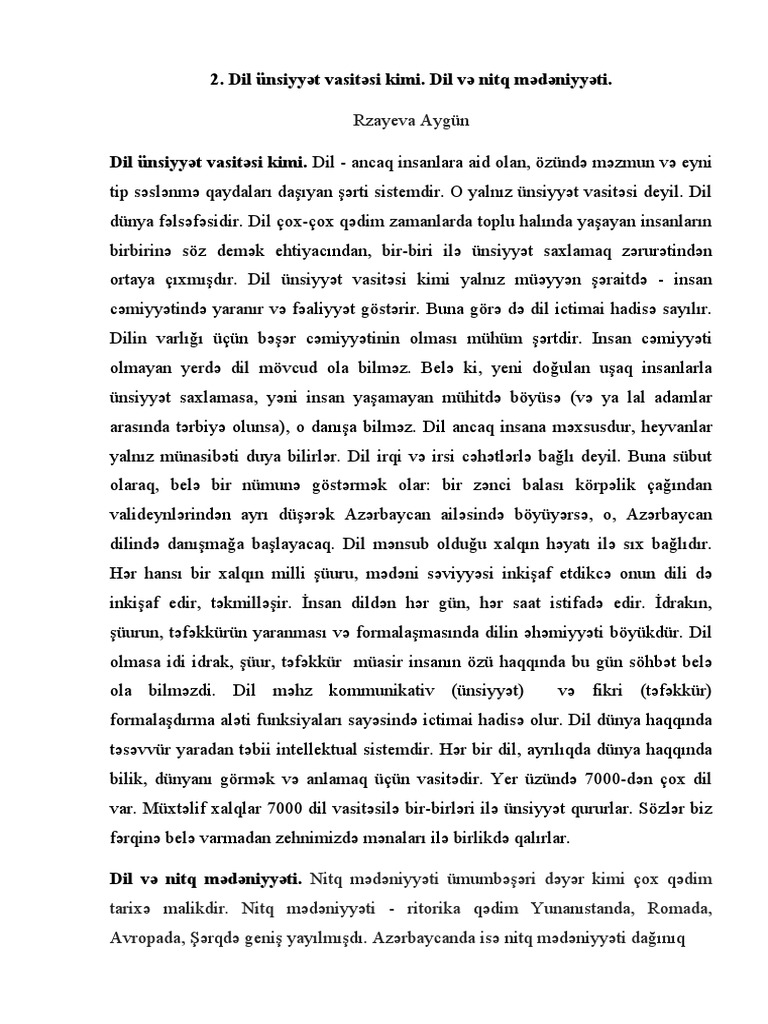 Dil Unsiyyet Vasitesi Kimi. Dil Ve Nitq Medeniyyeti | PDF