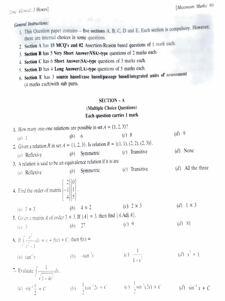 Class 12 Maths Sample Question Paper | PDF | Equations | Theoretical ...