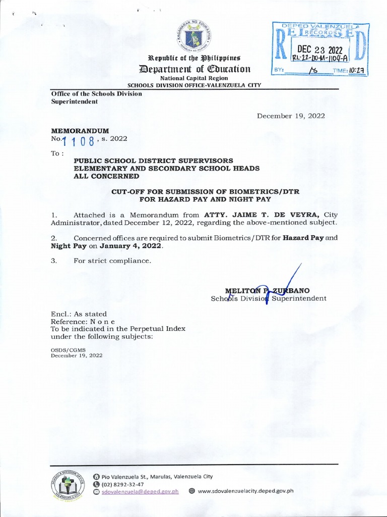 Cutoff For Submission of Biometricsdtr For Hazard Pay and Night Pay | PDF