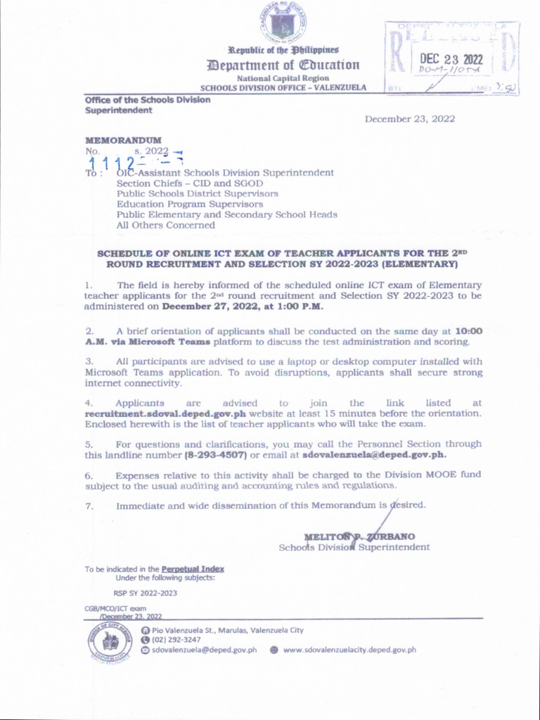 Schedule of Online Ict Exam of Teacher Applicants For The 2ND Round ...
