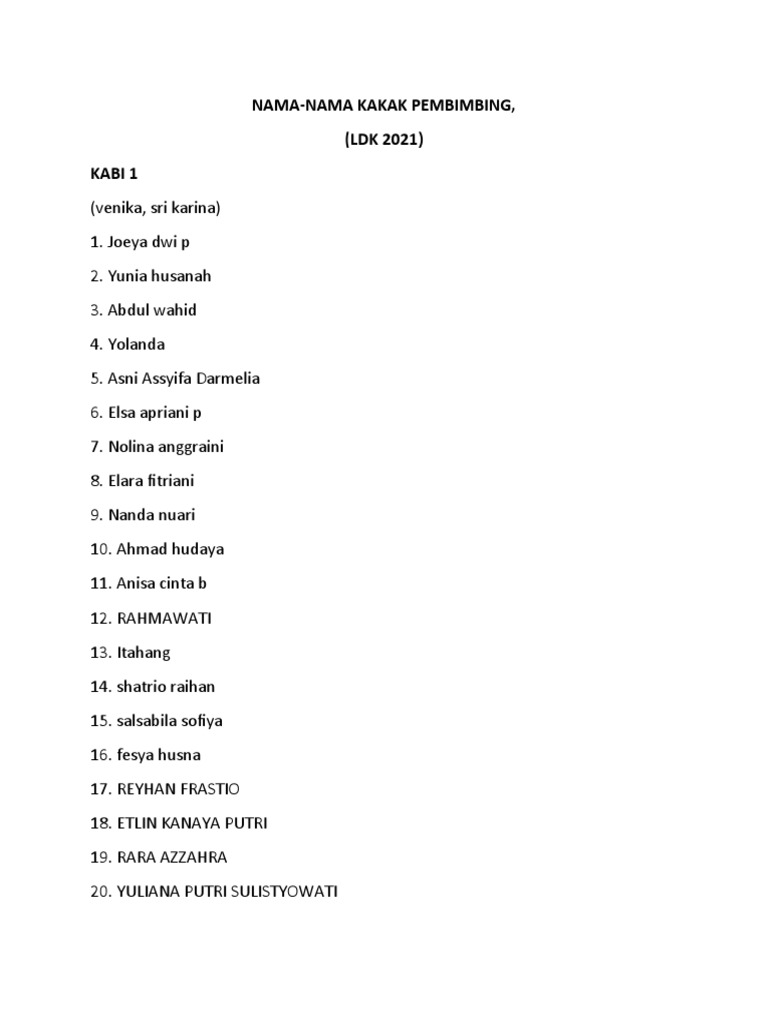 Daftar Kakak Pembimbing LDK 2021 | PDF