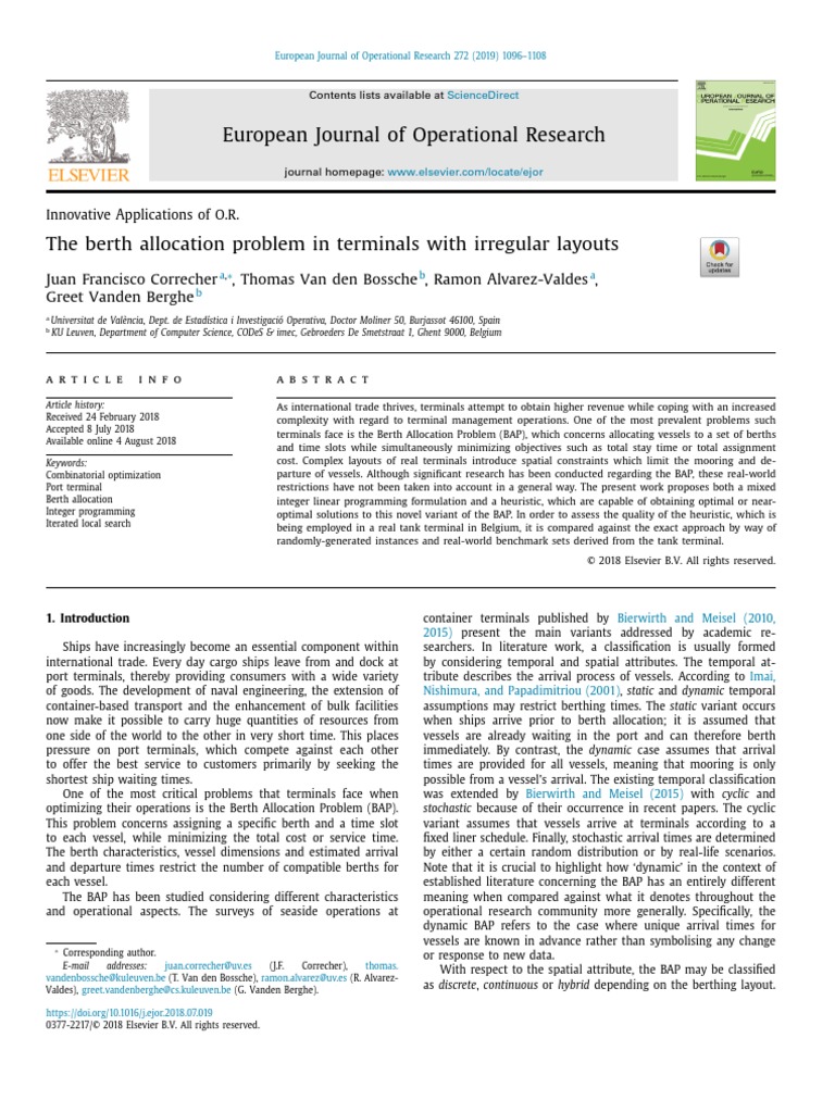 The Berth Allocation Problem In Terminals With Irregular Layouts Pdf Mathematical 5793