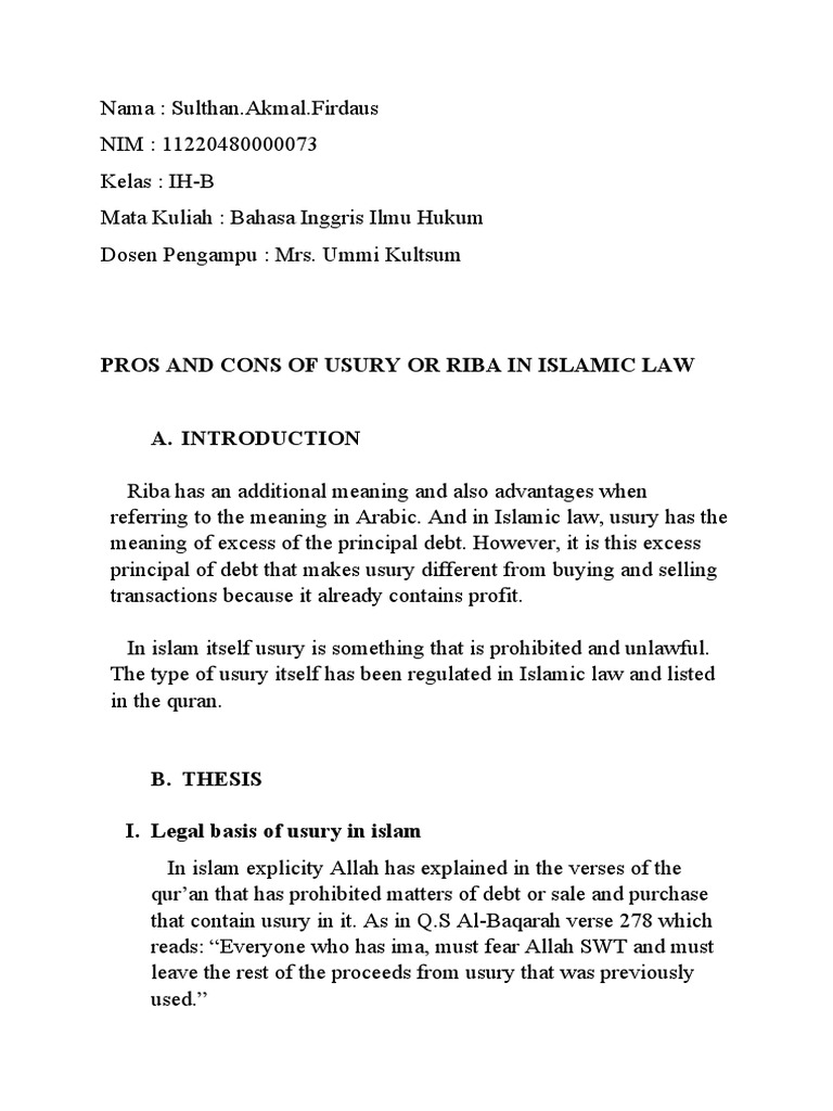 ESSAI INGGRIS Sulthan Akmal Firdaus | PDF | Usury | Debt