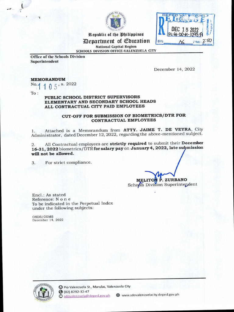 Cut Off For Submission of Biometrics DTR For Contractual Employees | PDF Cut Off For Submission of Biometrics DTR For Contractual Employees | PDF